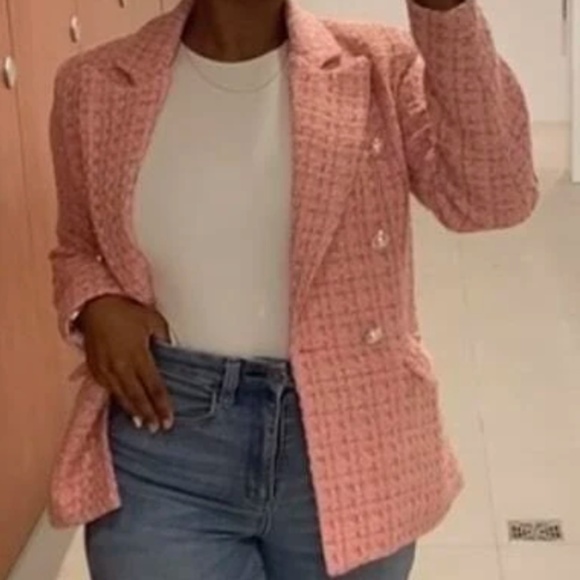 Jackets & Coats | Classic Pink Plaid Tweed Button Blazer | Poshmark